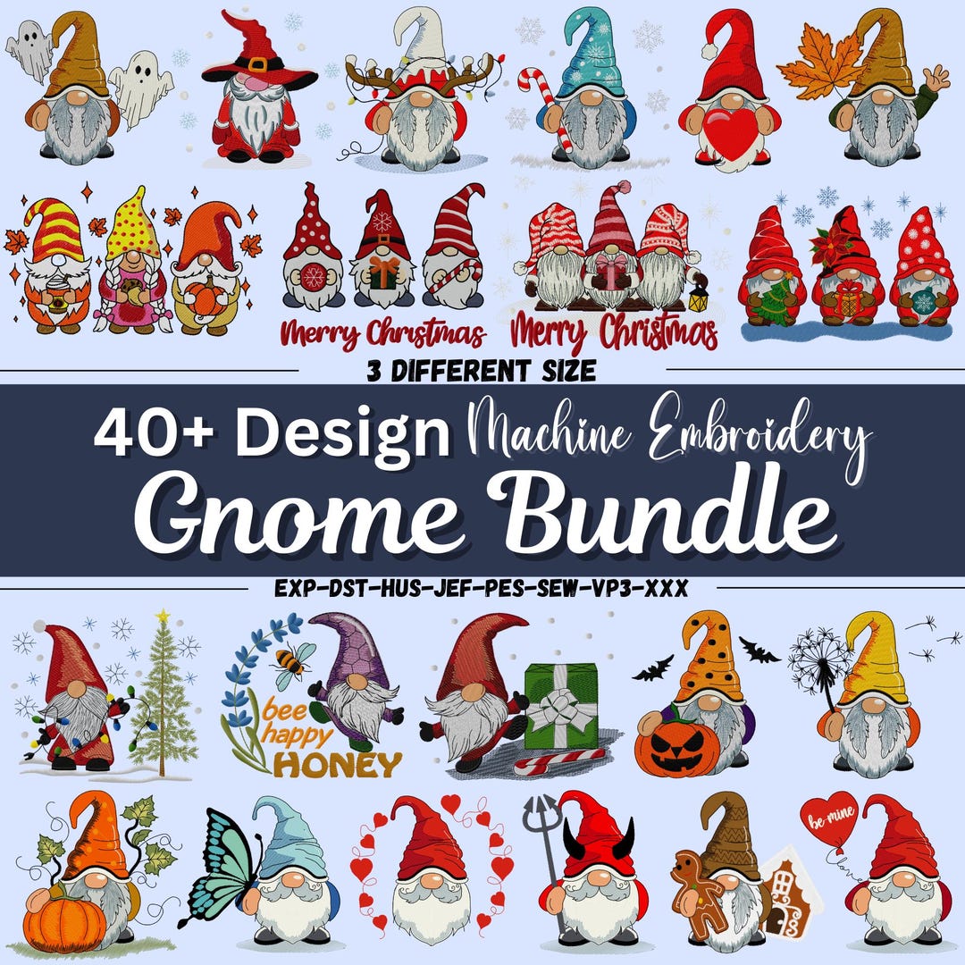 40+ Machine Embroidery Gnome BUNDLE. 3 Different Size and in Different ...