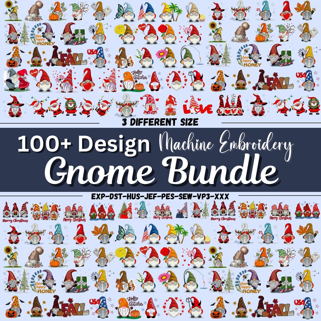 100+ Machine Embroidery Gnome BUNDLE. 3 Different Size and in Different ...