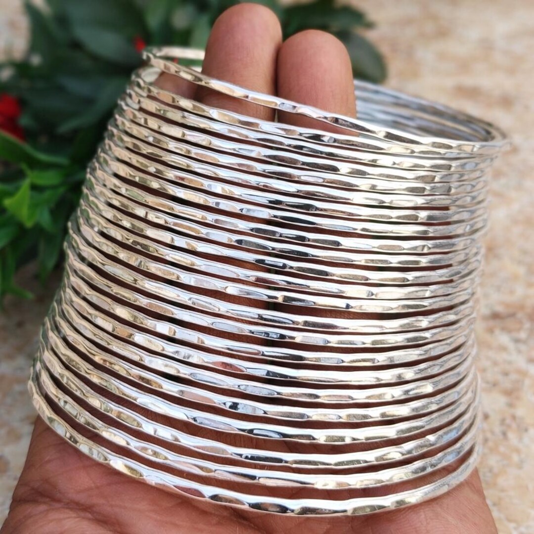 Hammered Sterling Silver Bangle Set, Textured Stackable Bracelets ...