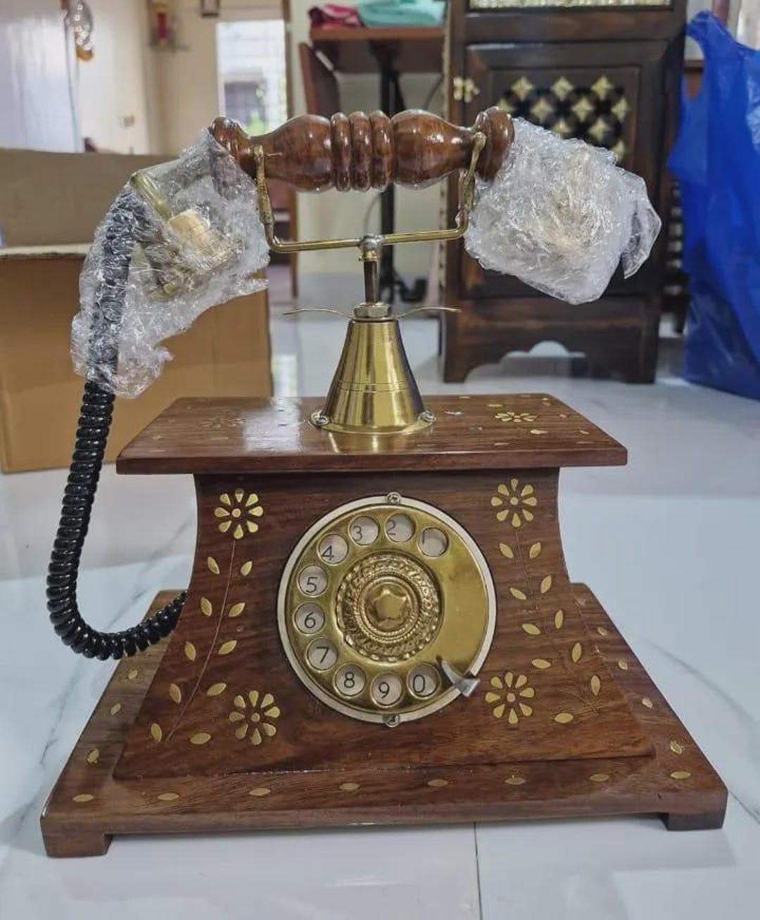 Handcrafted Vintage Rotary Dial Telephone | Brass & Sheesham Wood ...