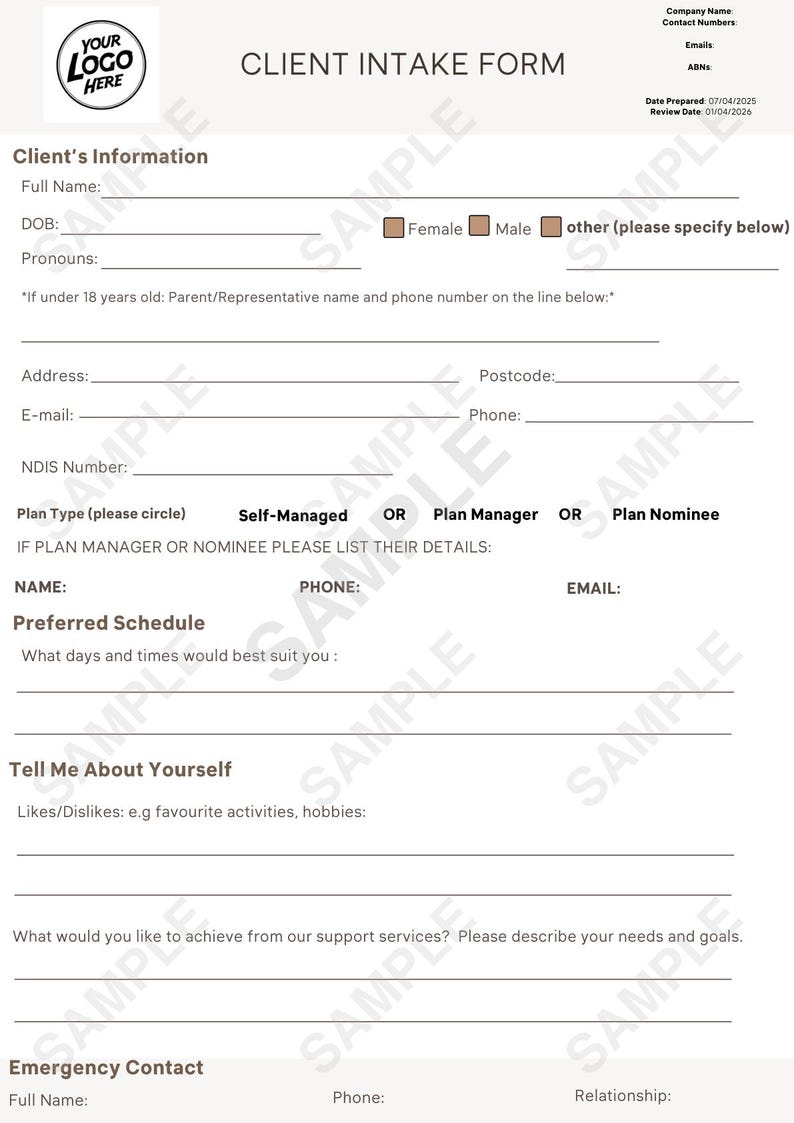 NDIS Service Agreement & Client Intake Form Template | Editable Canva ...