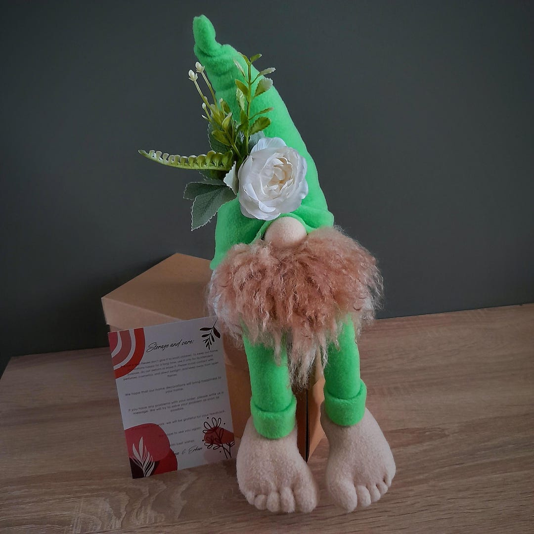 Green Gnome With Long Legs Handmade Cute Plush Barefoot Soft Sitting ...