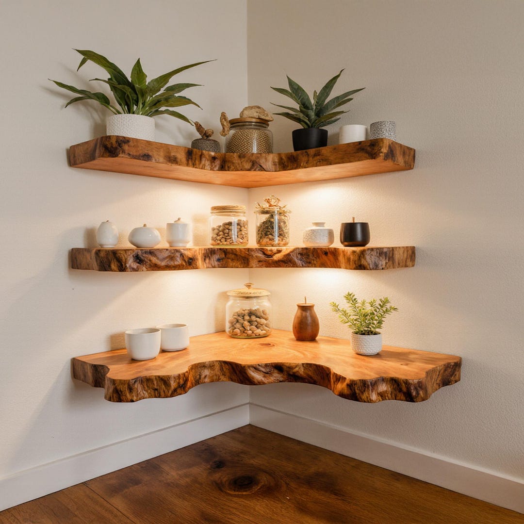 Floating Corner Bookshelf Live Edge Wood Shelf Wall Mounted Shelves ...