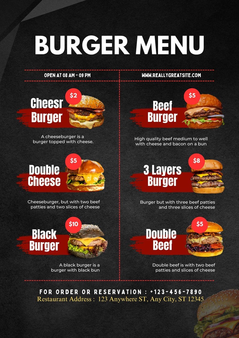 Custom Burger Menu Template: Restaurant Fast Food (editable PDF) - Etsy