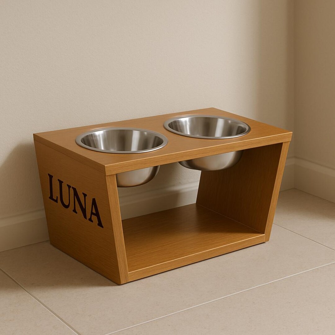 Personalized Wooden Pet Bowl Stand, Custom Engraved Feeder, Bold Font ...