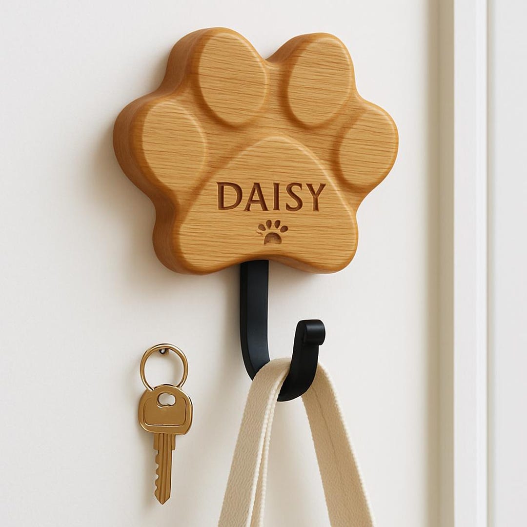 Personalized Wooden Paw Wall Hook, Custom Engraved With Pets Name & Paw ...