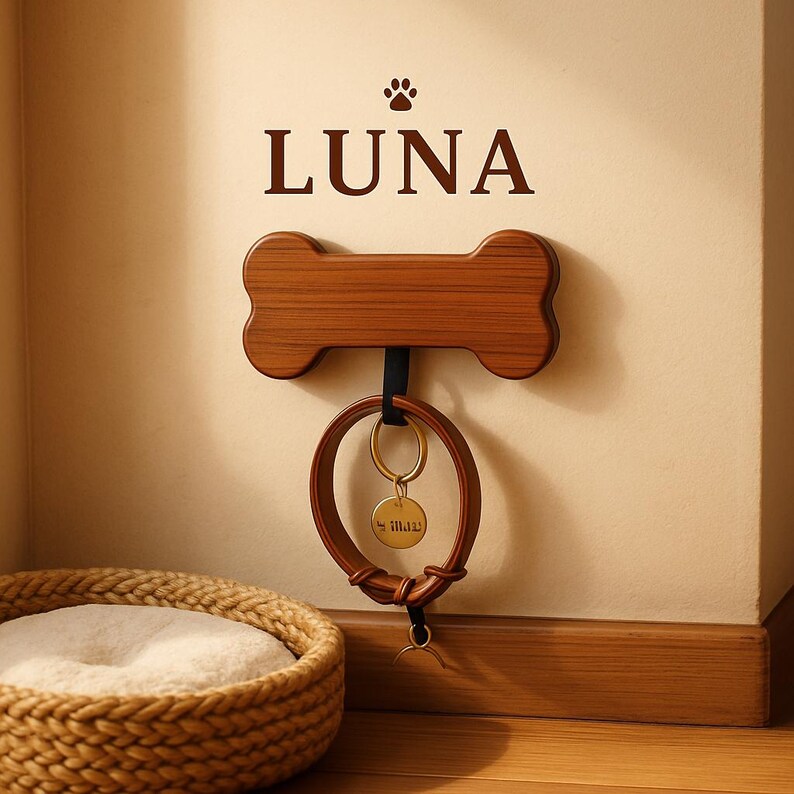 Personalized Dog Bone Wall Hook, Paw Engraving, Custom Wooden Leash ...