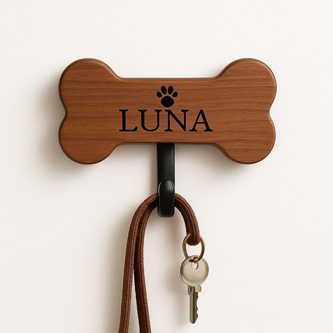 Personalized Dog Bone Wall Hook, Paw Engraving, Custom Wooden Leash ...