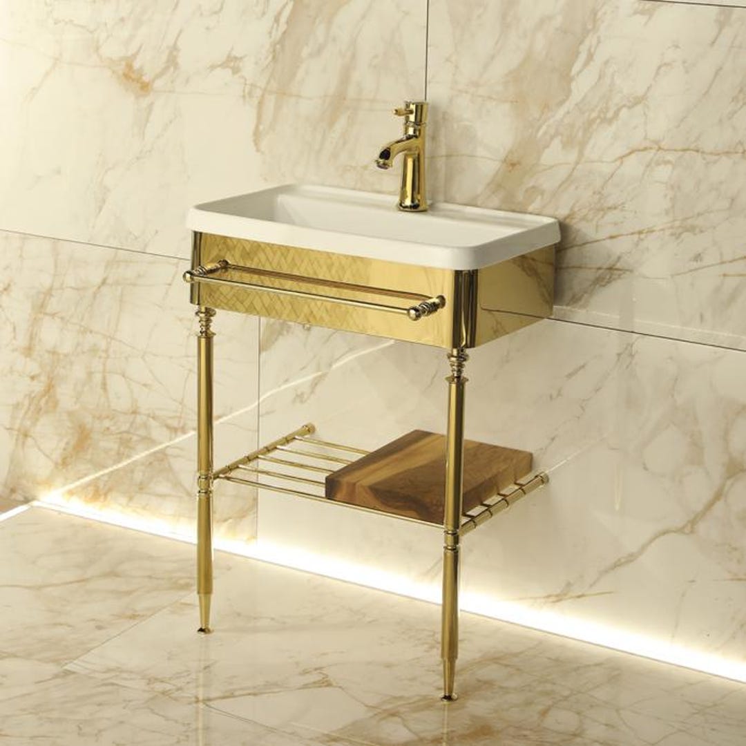 Narrow Wash Basin Porcelain Gold Brass Sink Console Handmade Vanity ...