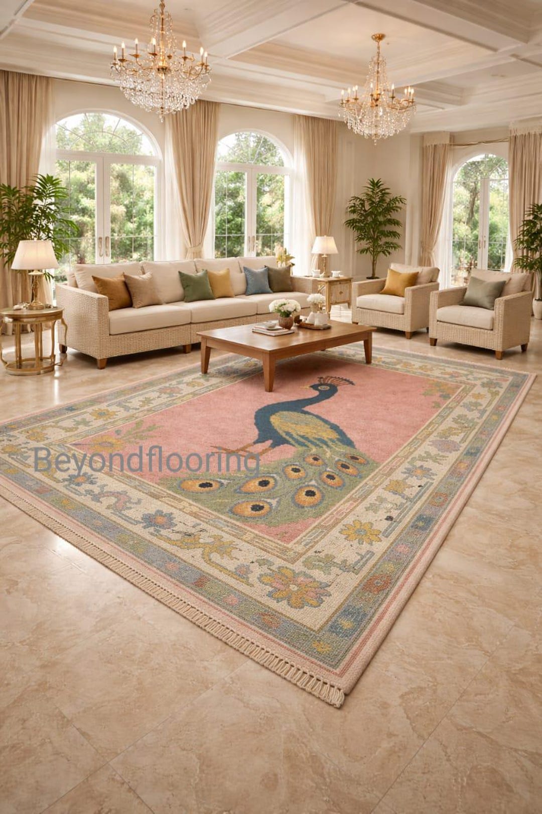 Handcrafted Persian Peacock Motif Rug With Floral Border – Soft Pastel ...