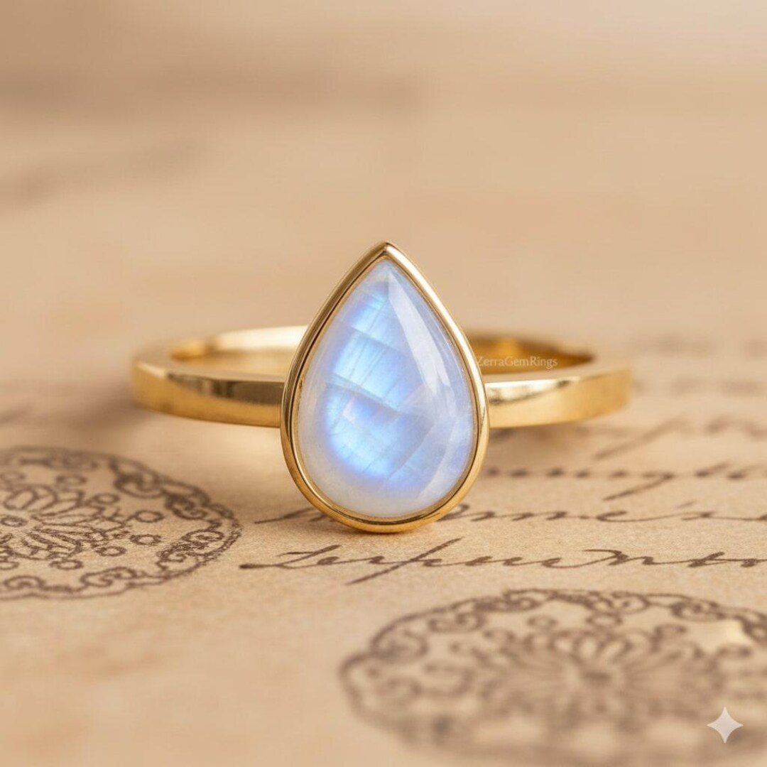 Pear Moonstone Ring, Teardrop Moonstone Minimalist Ring, 14K Gold ...
