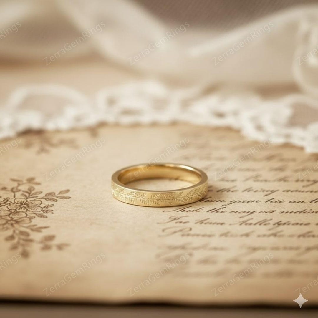 Solid Gold Birth Flower Ring, Handmade Art Deco Leaf Wedding Band - Etsy