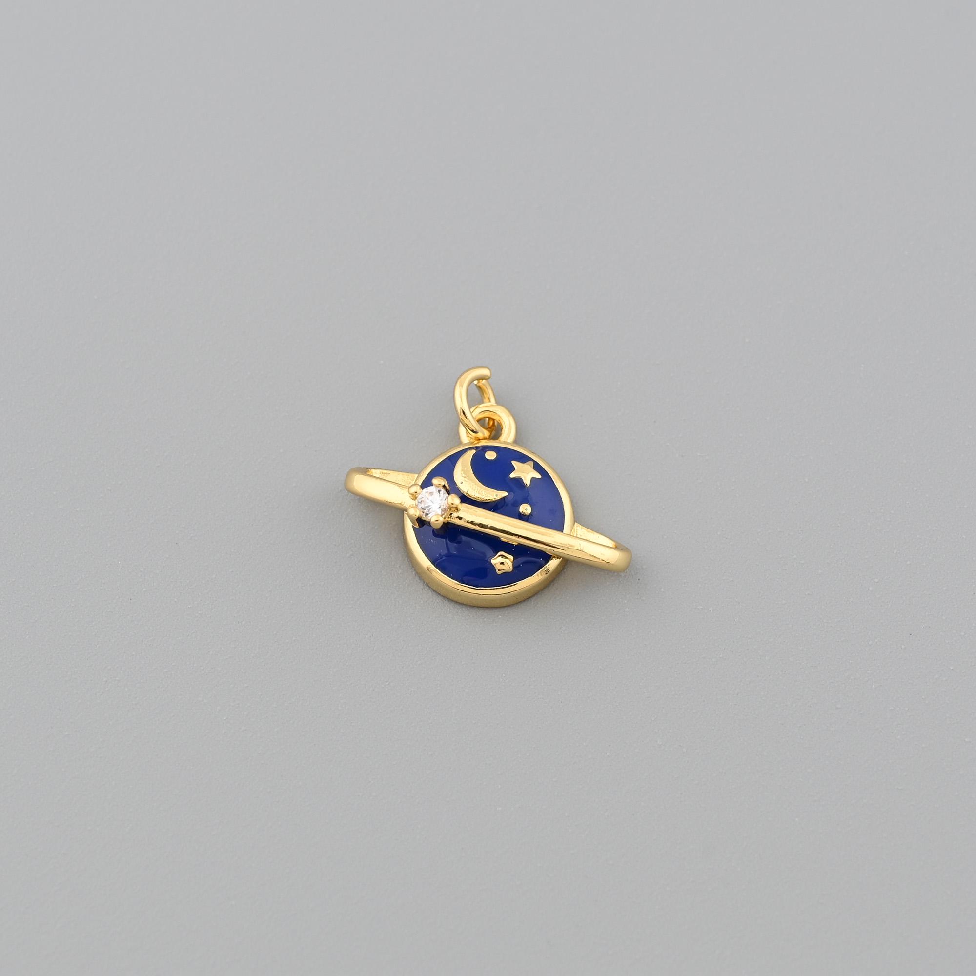 Shiny 18K Gold Filled Planet Charm With Deep Blue Enamel and Sparkling ...