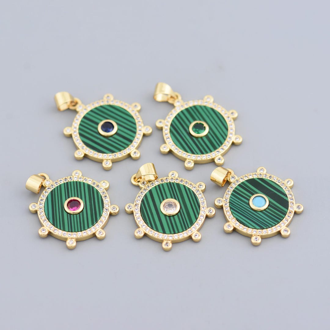 Radiant 18K Gold Filled Malachite Round Pendant With Sparkling Zircon ...