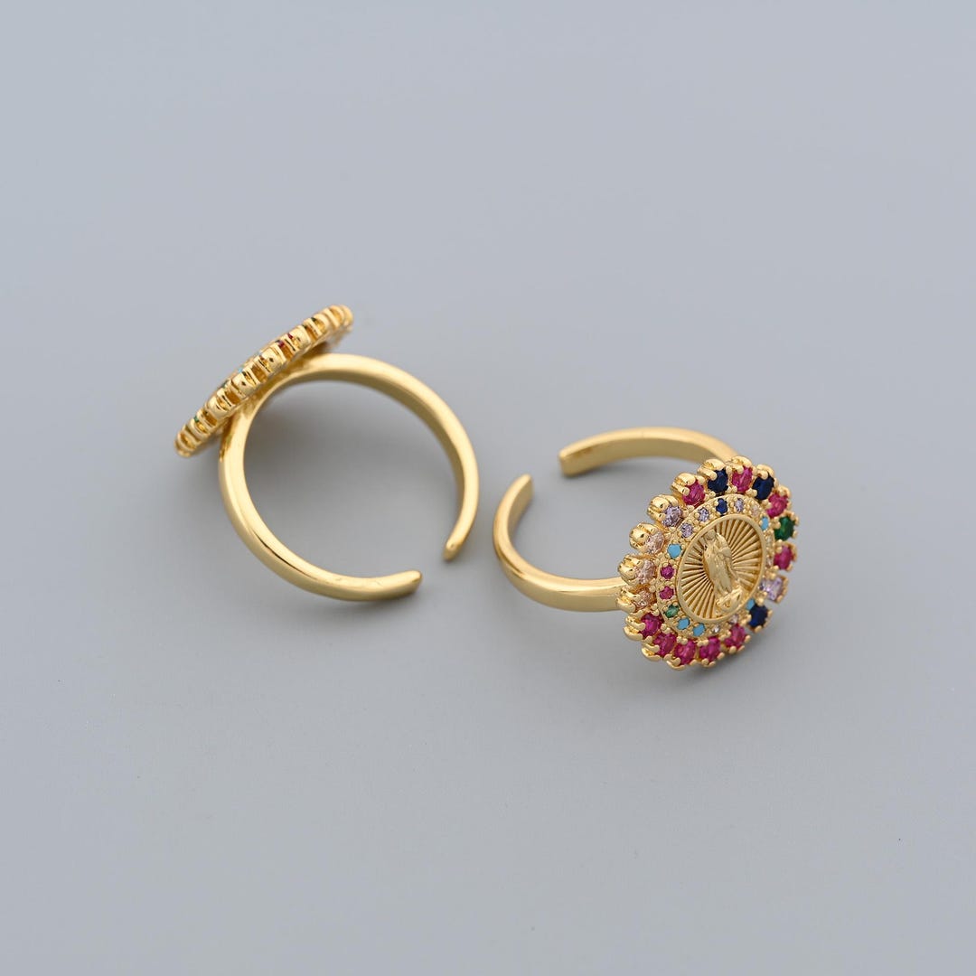 Adjustable 18K Gold Filled Virgin Mary Ring With Multicolor Zircon Halo ...