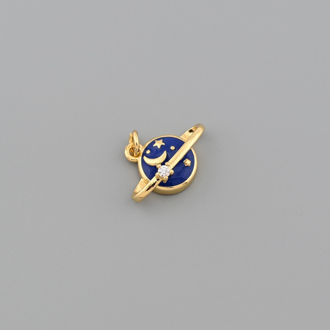 Shiny 18K Gold Filled Planet Charm With Deep Blue Enamel and Sparkling ...
