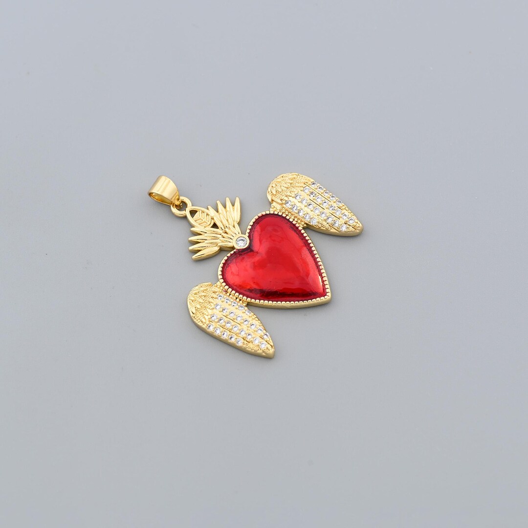 Sacred Heart Pendant 18K Gold Filled With Red Enamel and Sparkling ...