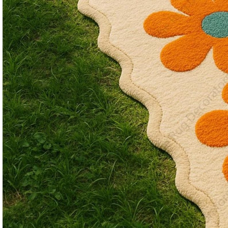 Hand Tufted Wool Runner Rug | Groovy Orange Flower Design | Wavy Edge ...