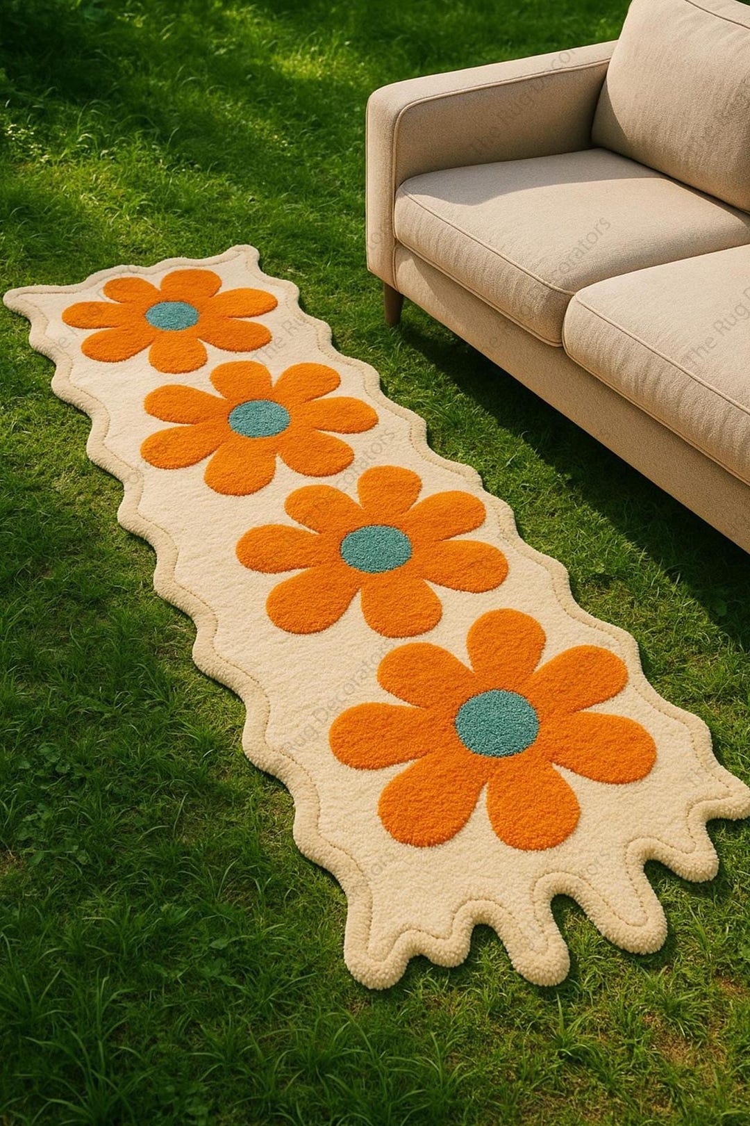 Hand Tufted Wool Runner Rug | Groovy Orange Flower Design | Wavy Edge ...