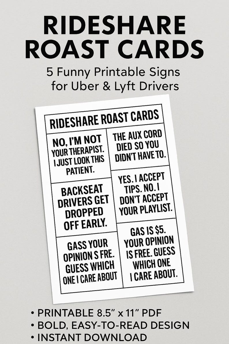 Rideshare Roast Cards – 5 Funny Printable Signs for Uber & Lyft Drivers ...