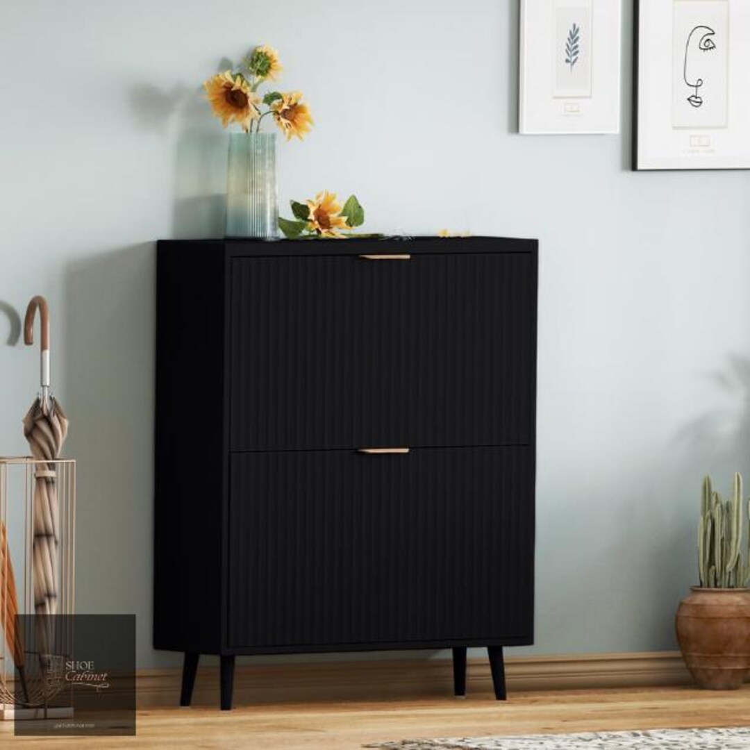 Modern Fluted Black Shoe Cabinet, Rose Gold Handles, Narrow Entryway ...