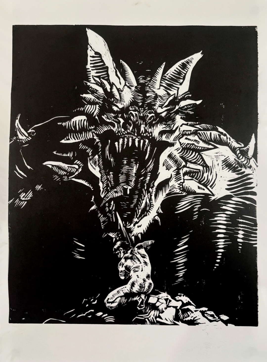 Dark Fantasy Art Linocut Print: the Dragon Slayer Illustration - Etsy