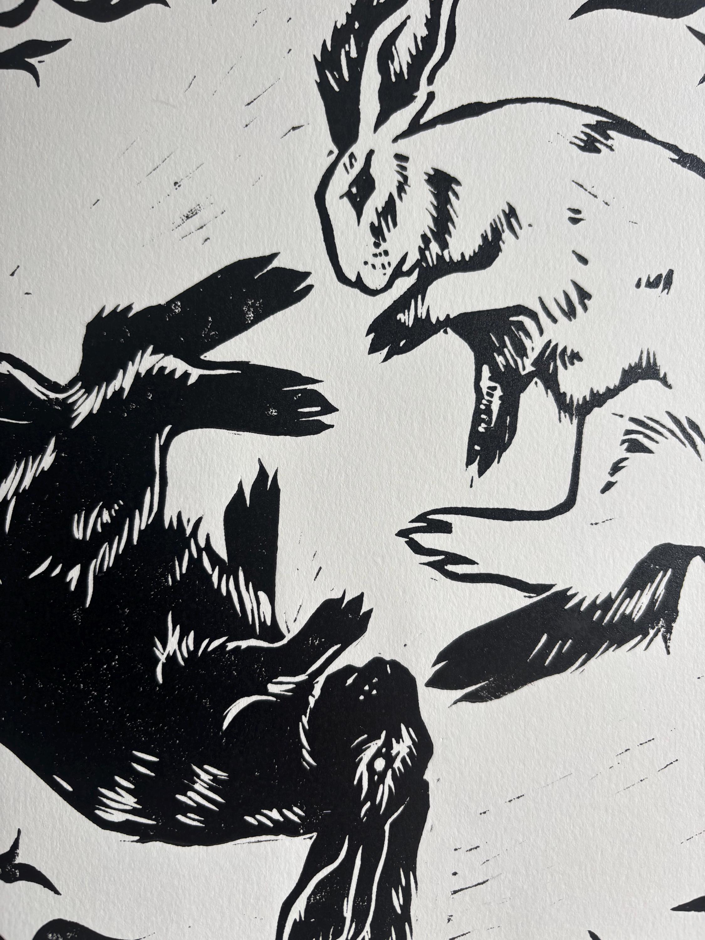 Original Linocut Print: Two Hares Art Illustration (balance and Duality ...