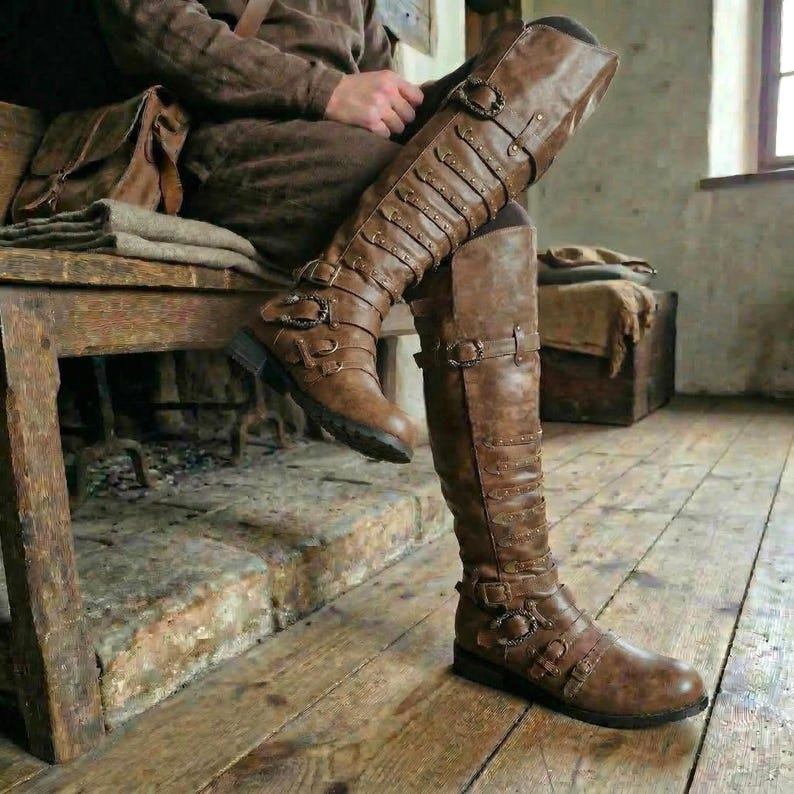 Unisex Faux Leather Medieval LARP Boots, Fantasy Pirate Cosplay Costume ...