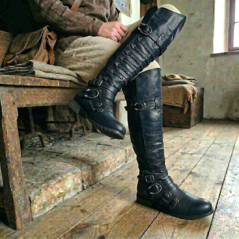 Unisex Faux Leather Medieval LARP Boots, Fantasy Pirate Cosplay Costume ...
