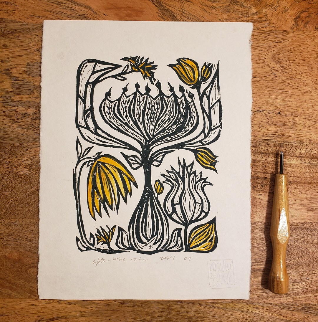 Handmade Linocut Flower Print: Scandinavian Folk Art - Etsy