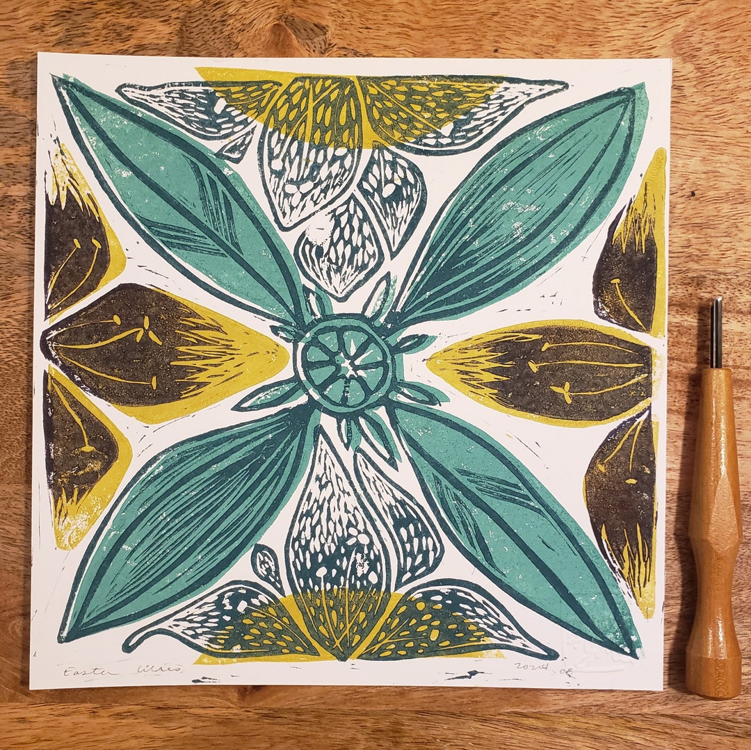 Wall Art Lily Flower Original Linocut Folk Flower Linocut Art Print ...