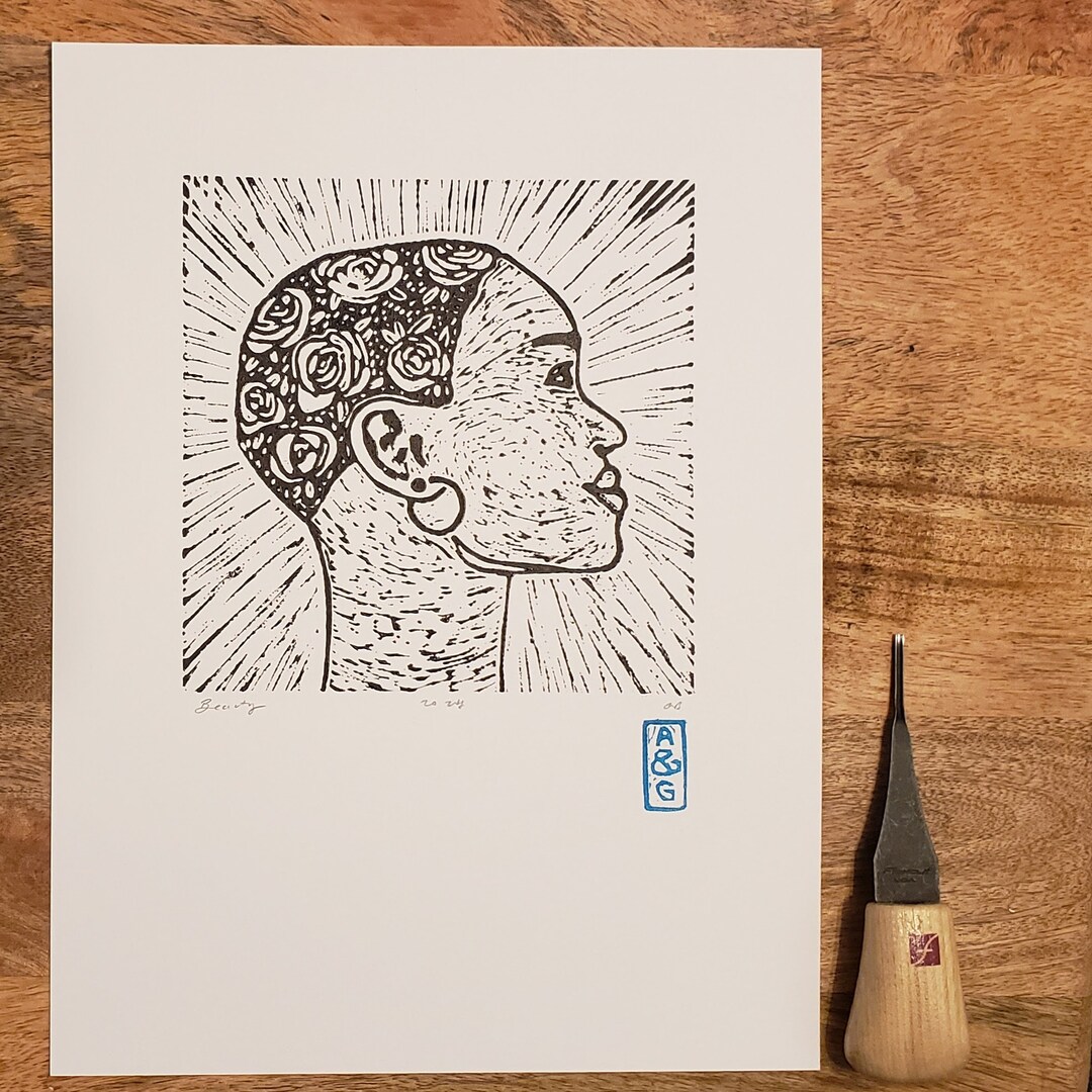 Linocut Woman Portrait Art Print: Rose Tattoo, African American Wall ...
