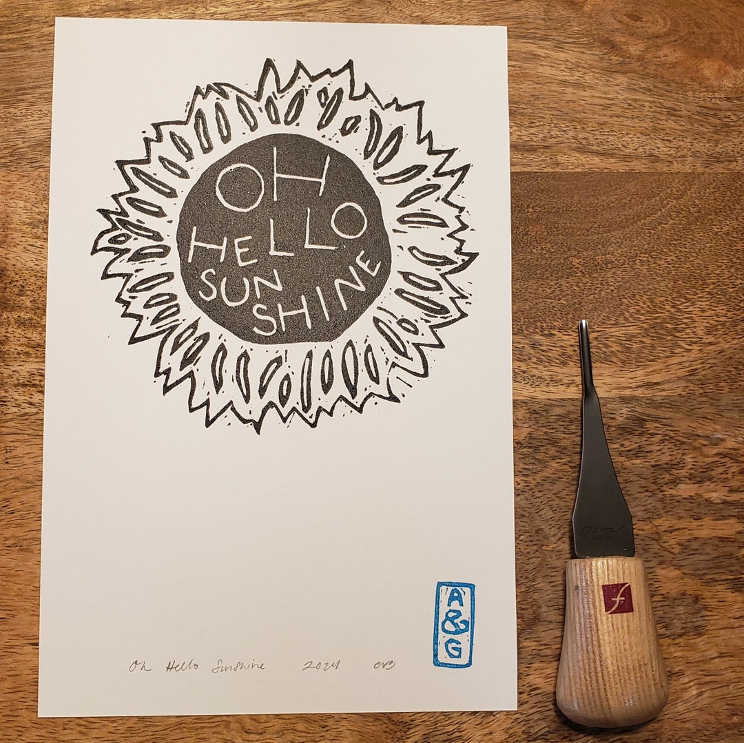 Hello Sunshine Linocut Print: Original Sunflower Art, Nursery Decor - Etsy