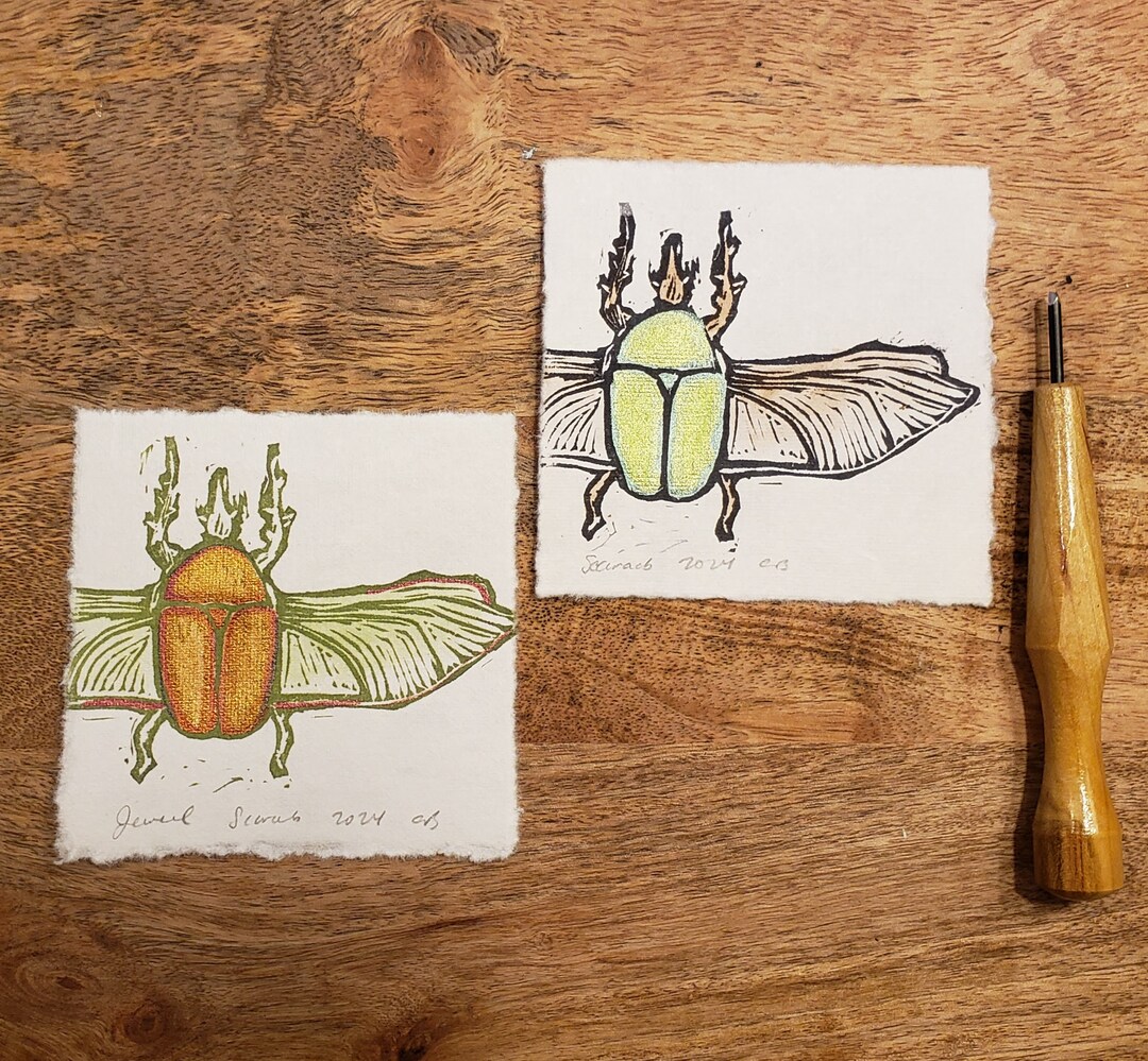 Linocut Original Print Scarab Beetle Art Hand-pressed Print 4 by 4 ...