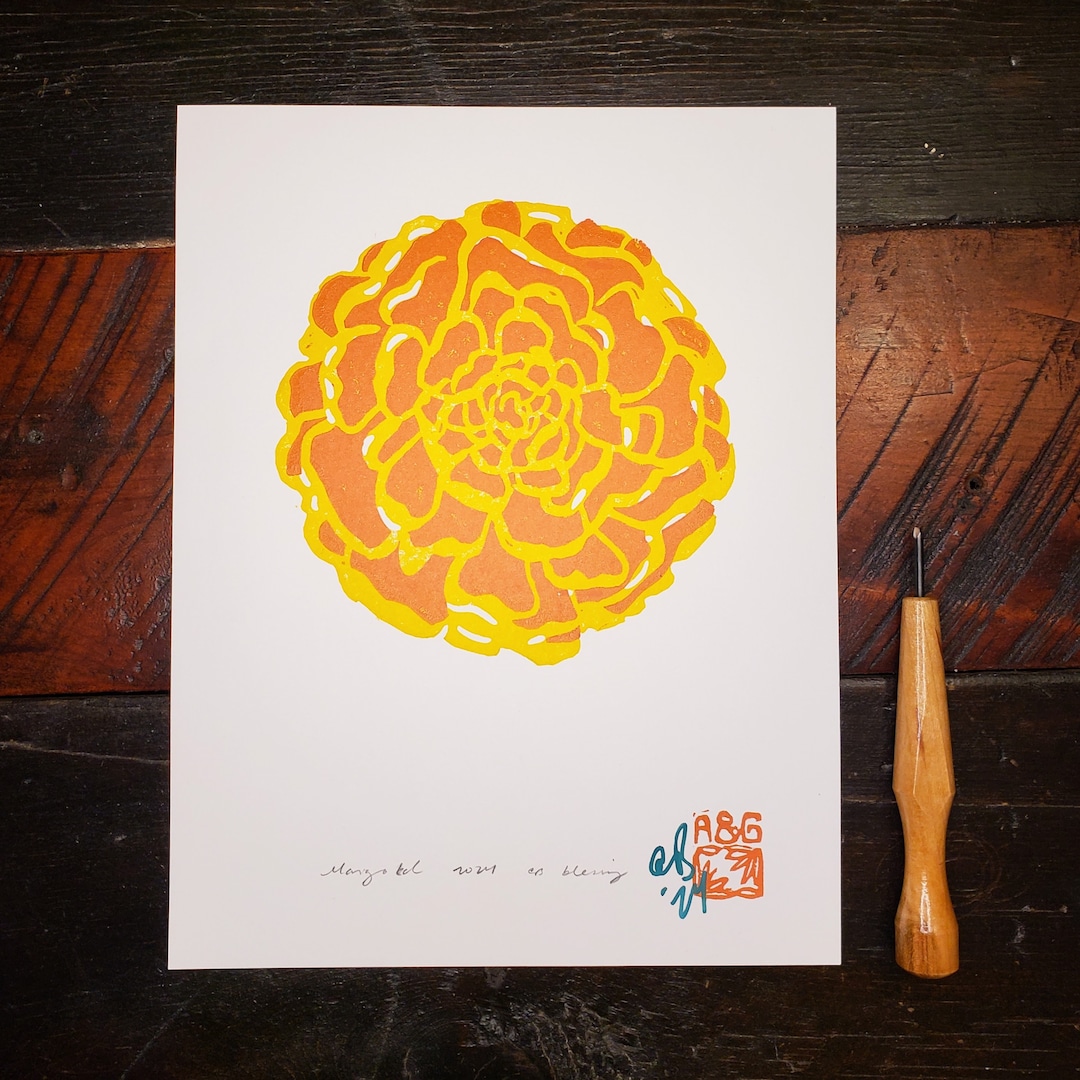 Marigold Linocut Print: Handmade Flower Relief Art - Etsy