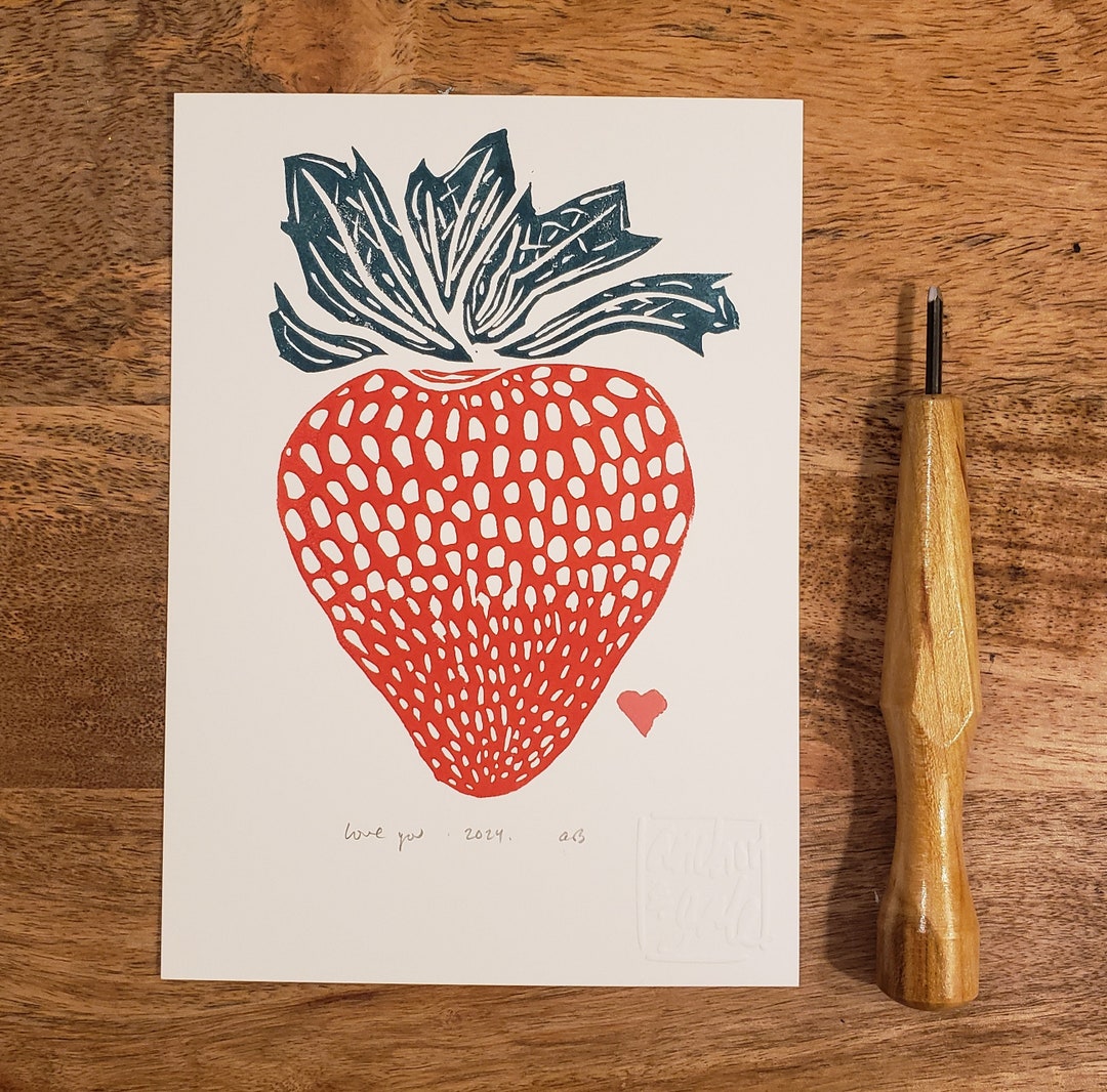 Print Linocut Original Wall Art Strawberry Linocut Art Print Wall Art ...