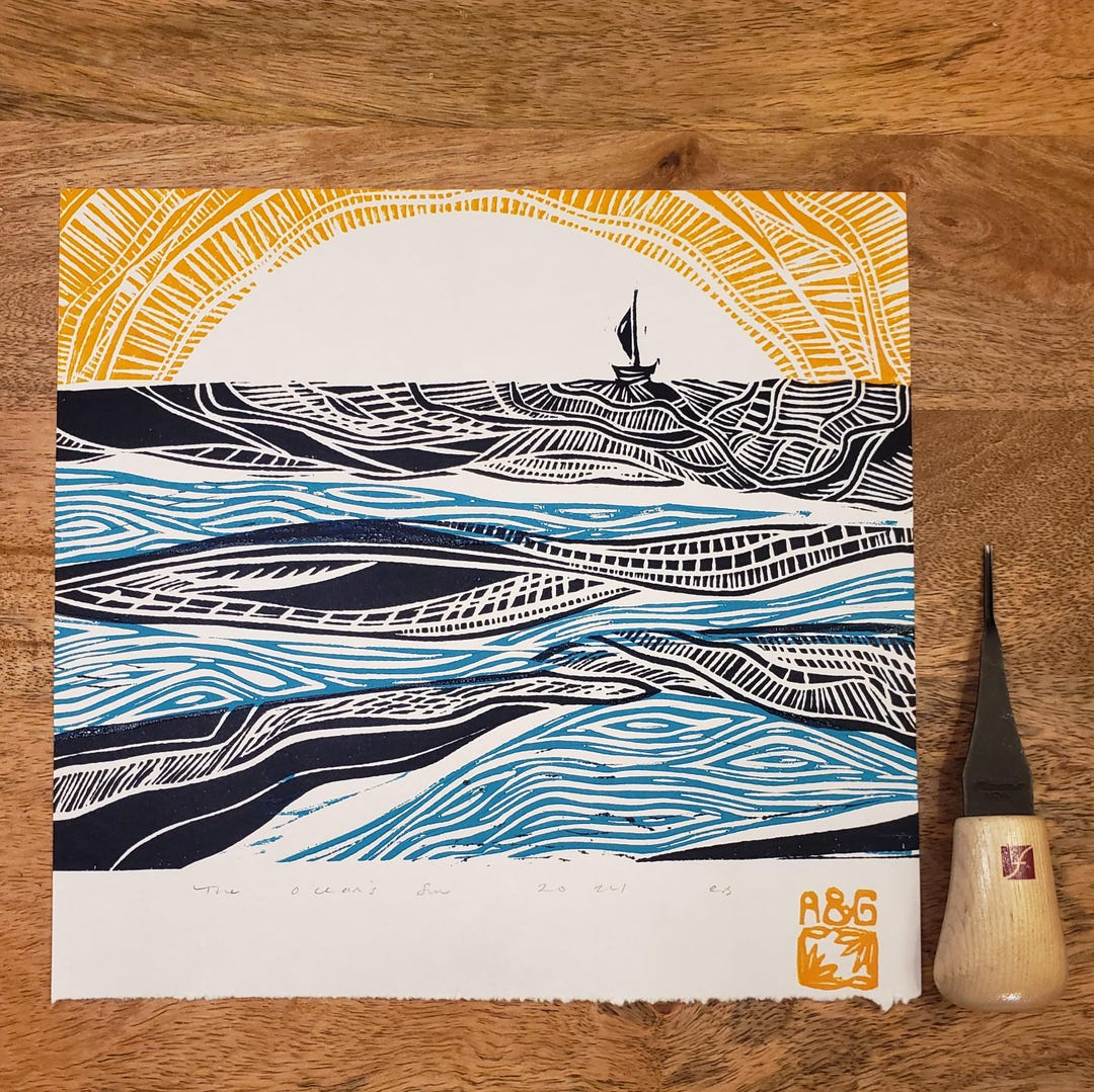 Wall Art Ocean Linocut Sunset Art Original Print Handmade Art for Beach ...