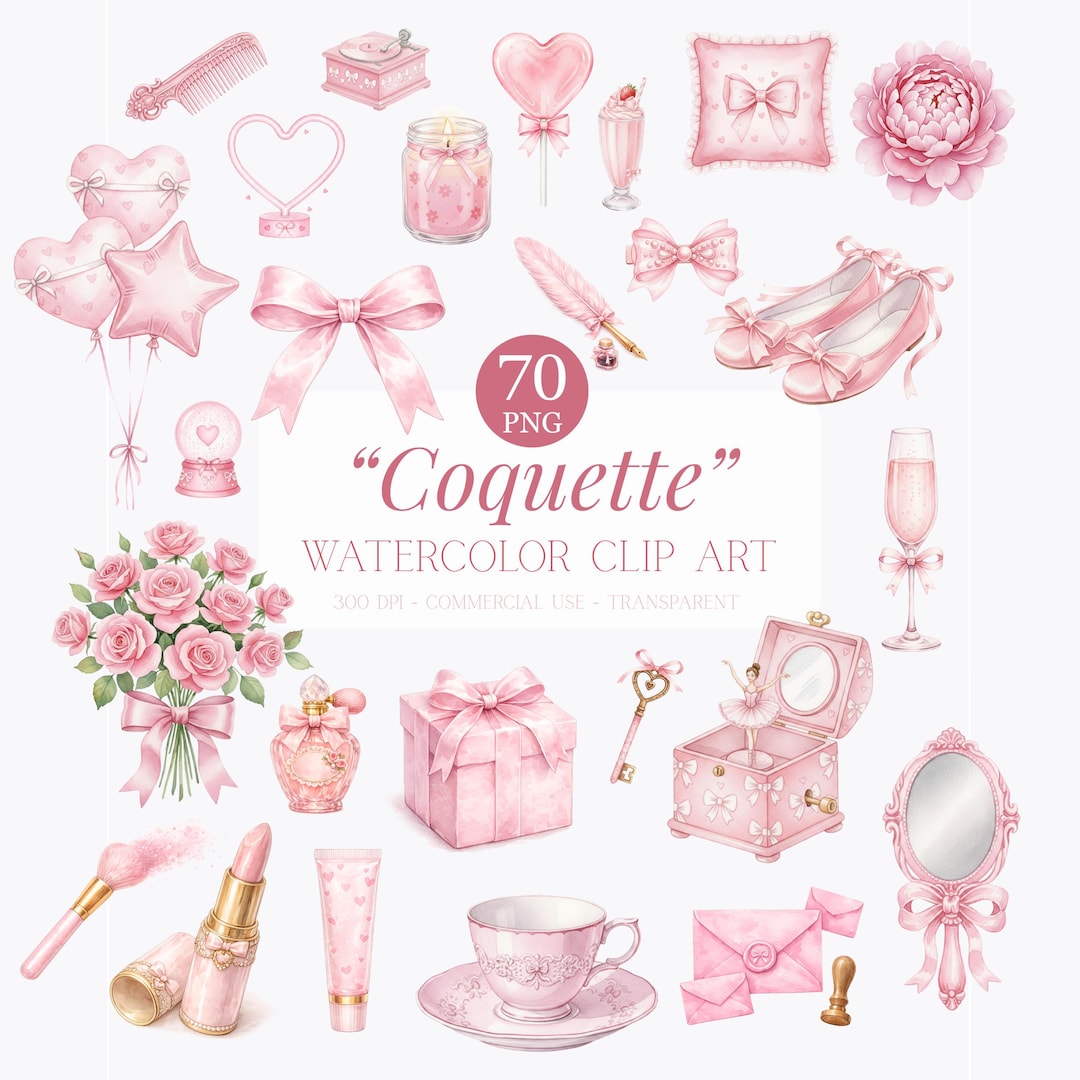 70 Coquette Watercolor Clipart PNG Bundle Cute Set Printable Stickers ...