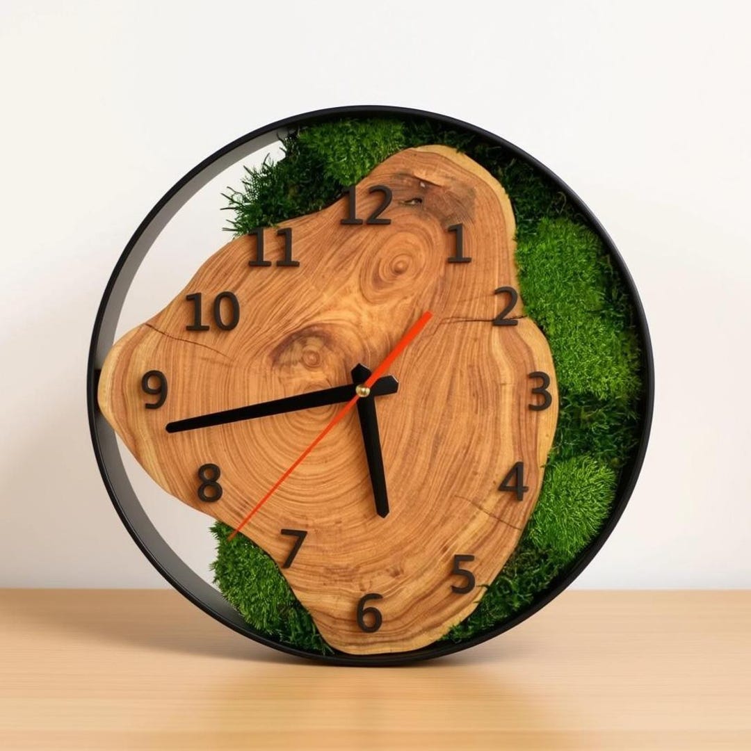 Moss and Wood Wall Art Clock: Metal Frame, Silent Quartz, Rustic, Green ...