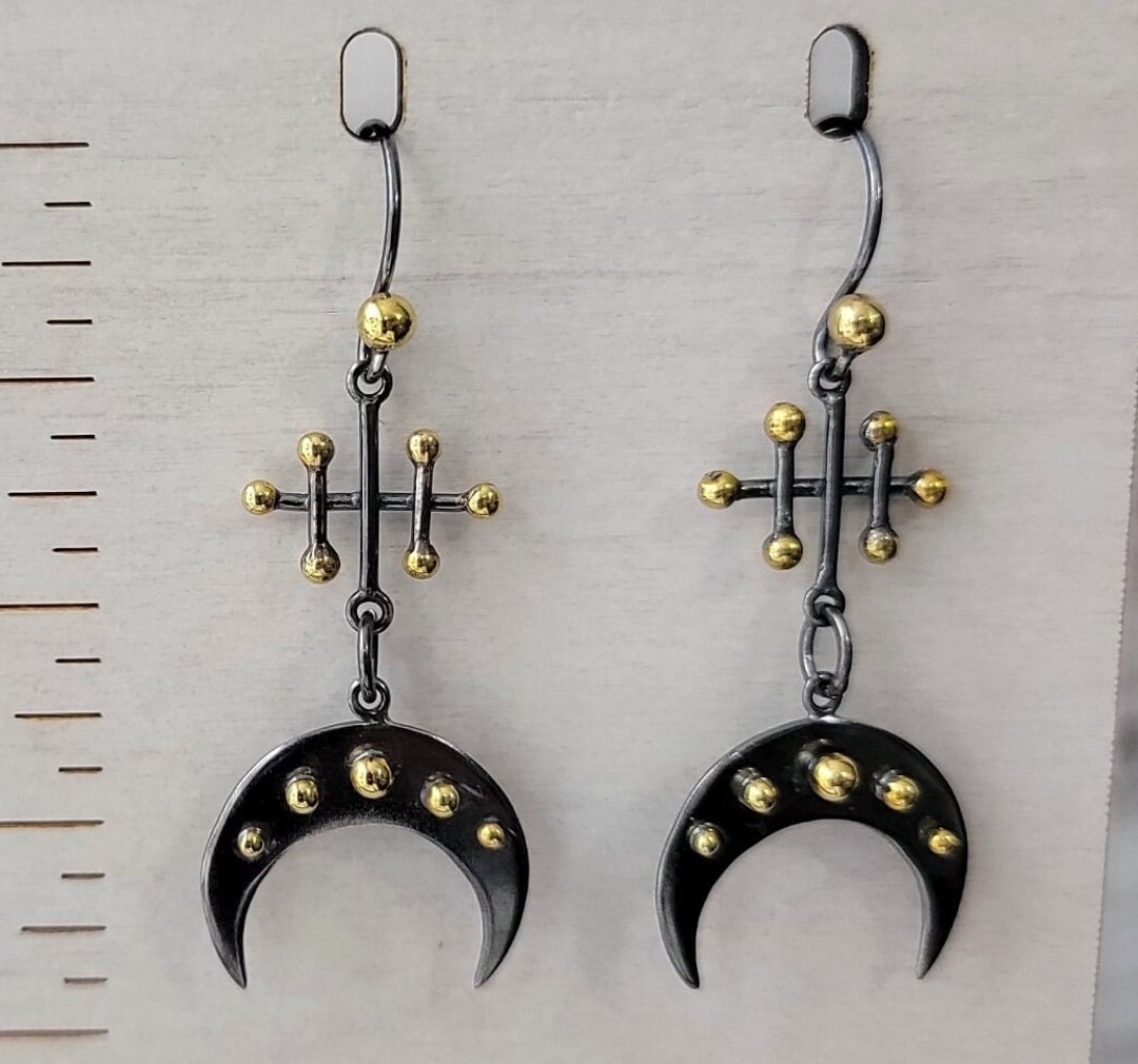 Celestial Crescent Moon Bar Link Bronze Sterling Silver Earrings - Etsy