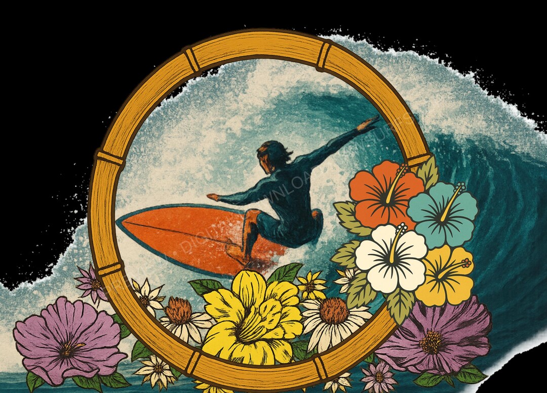 Digital Bamboo Surf Frame PNG, Retro Surfer Clip Art, Tropical Flower ...