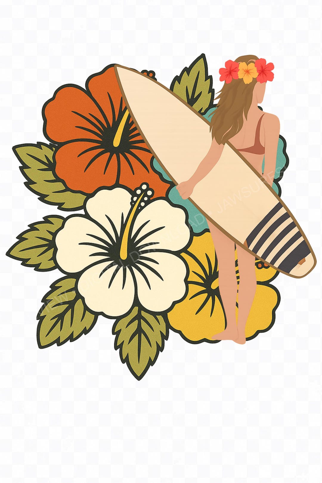 Retro Surfer Girl Silhouette PNG, Tropical Hibiscus Flower Art, Vintage ...