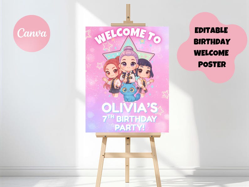 Kpop Demon Hunter Welcome Sign, Editable Canva Template, Anime Birthday ...