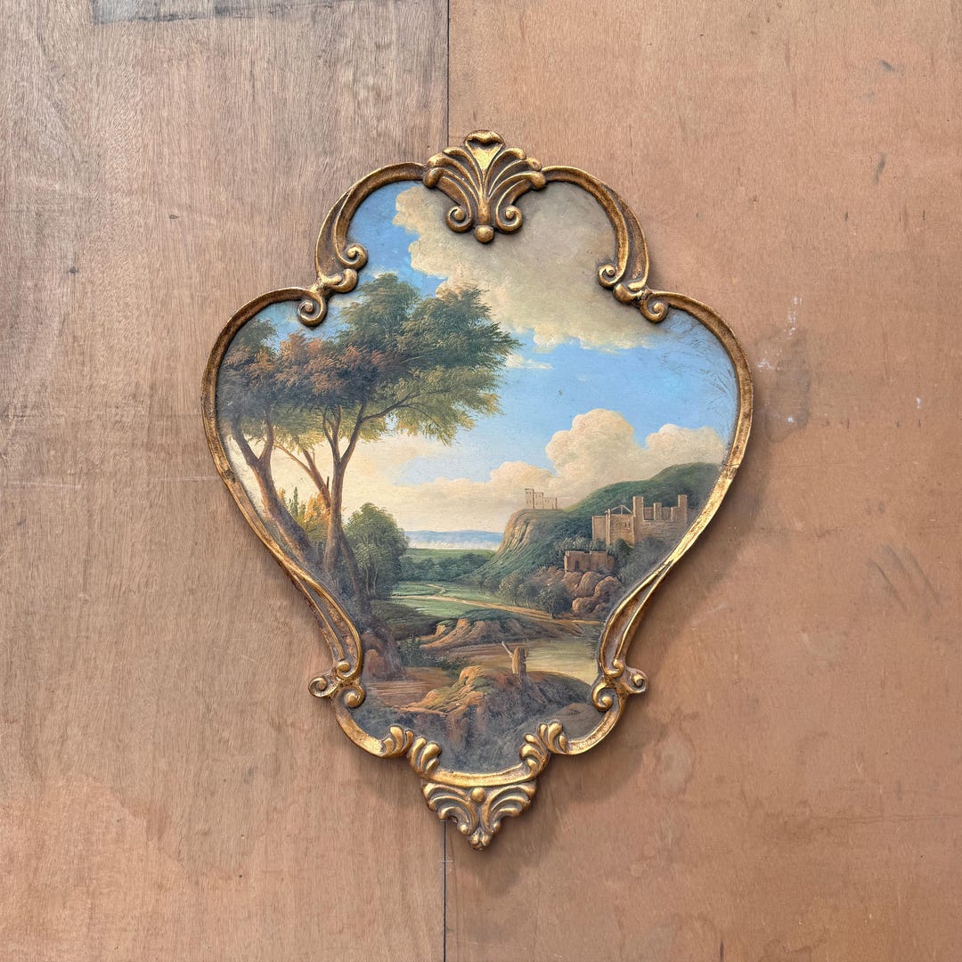 Vintage Rococo Landscape Oil Painting in Ornate Gold Frame, Hand ...