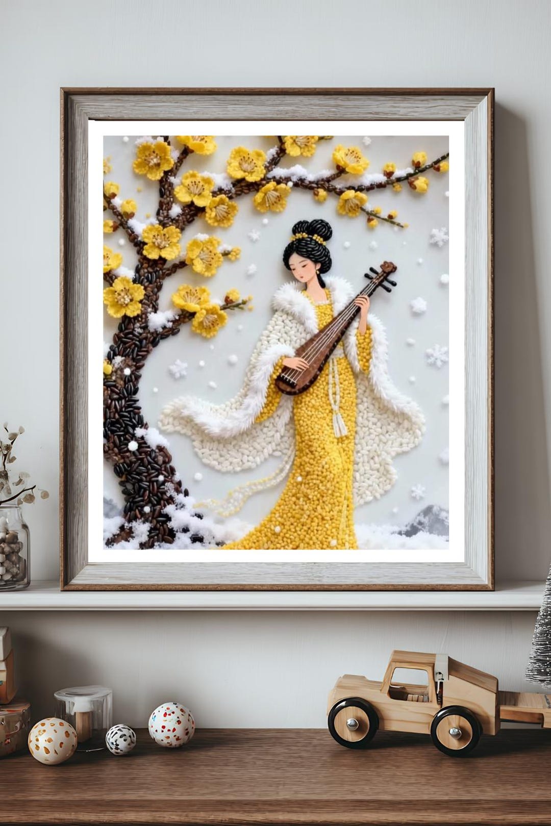 Winter Plum Blossom Girl With Pipa - Grain Art Elegant Oriental Style ...