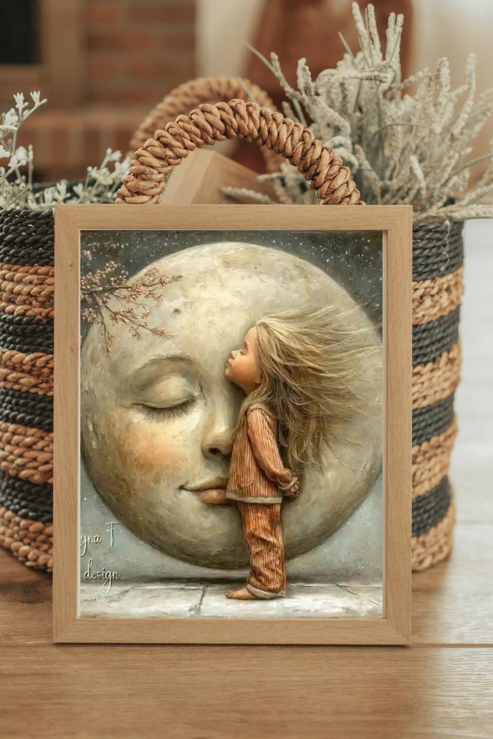Whimsical Moon Hug Art Print – Surreal Child Dream Illustration - Etsy