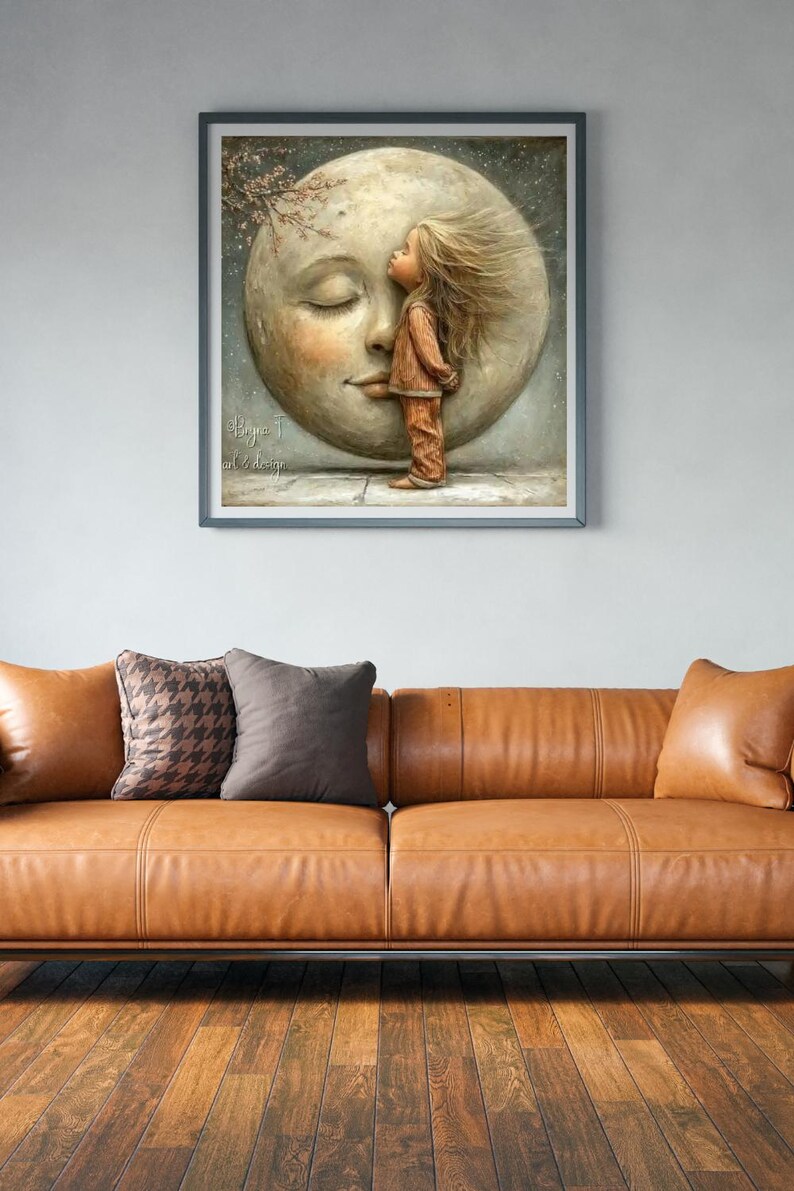 Whimsical Moon Hug Art Print – Surreal Child Dream Illustration - Etsy