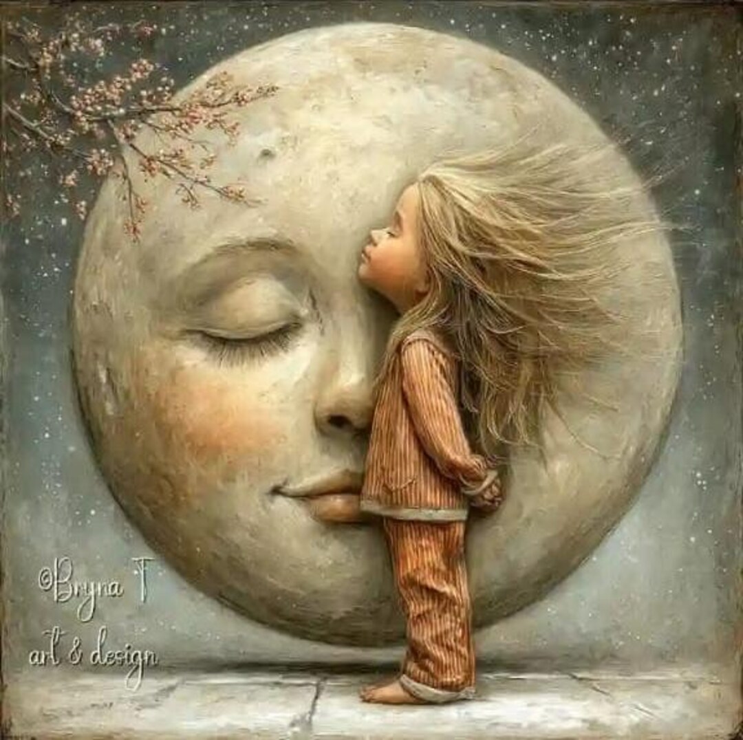Whimsical Moon Hug Art Print – Surreal Child Dream Illustration - Etsy