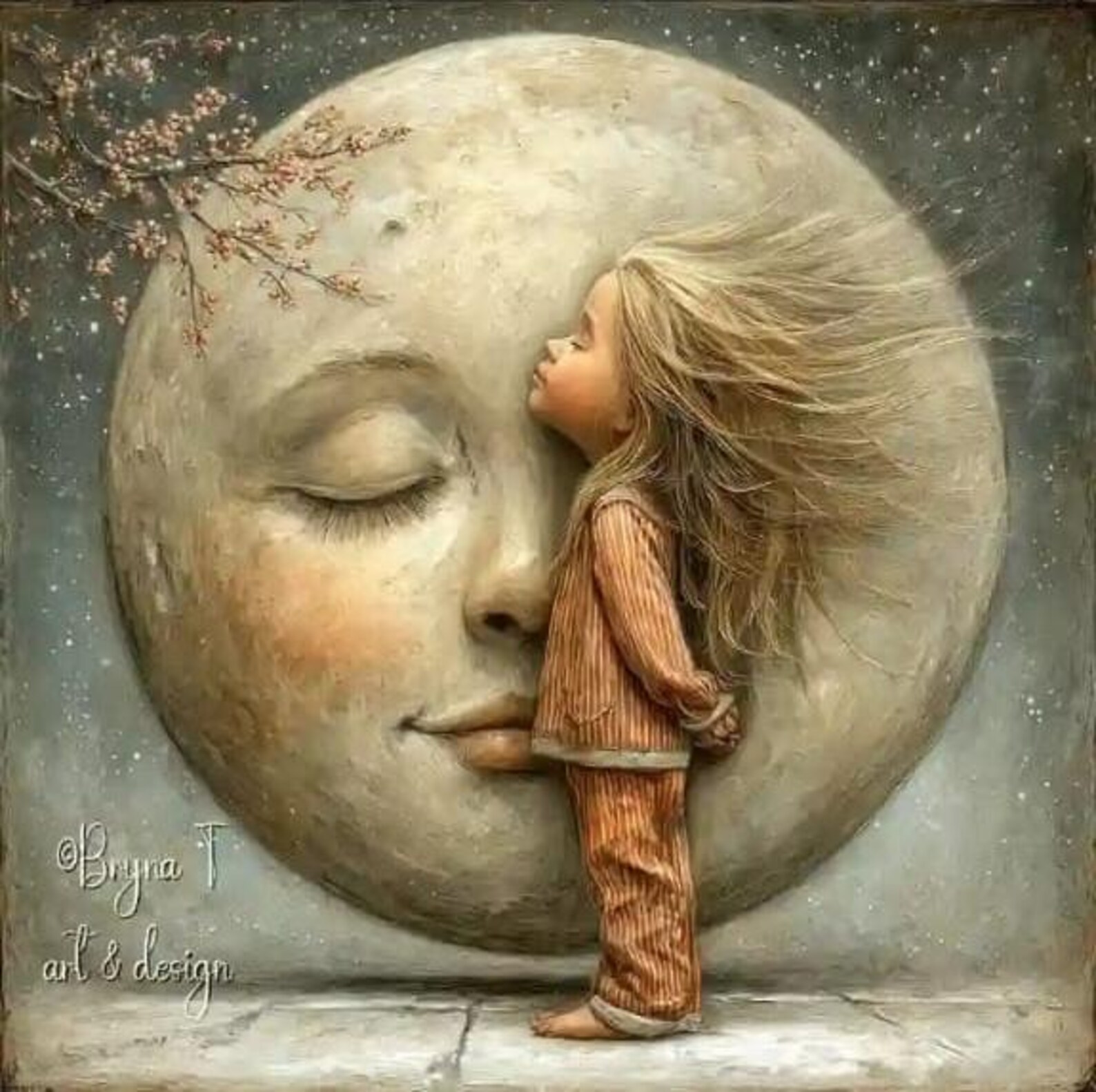 Whimsical Moon Hug Art Print – Surreal Child Dream Illustration - Etsy