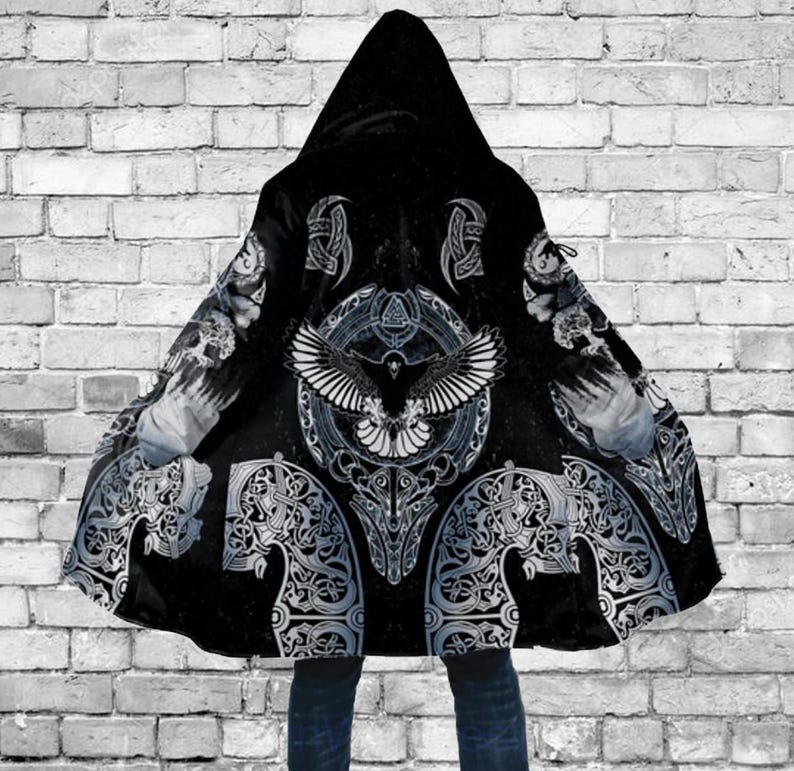 Raven Spirit Hooded Cloak, Celtic Viking Pattern Coat, Black Gothic ...